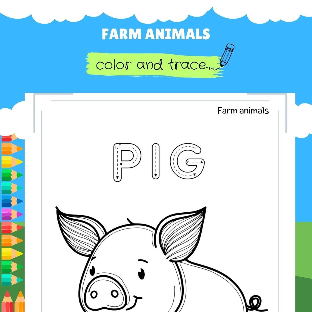 Farm Animals Coloring Pages, Color and Trace the Word, Farm Animals ...