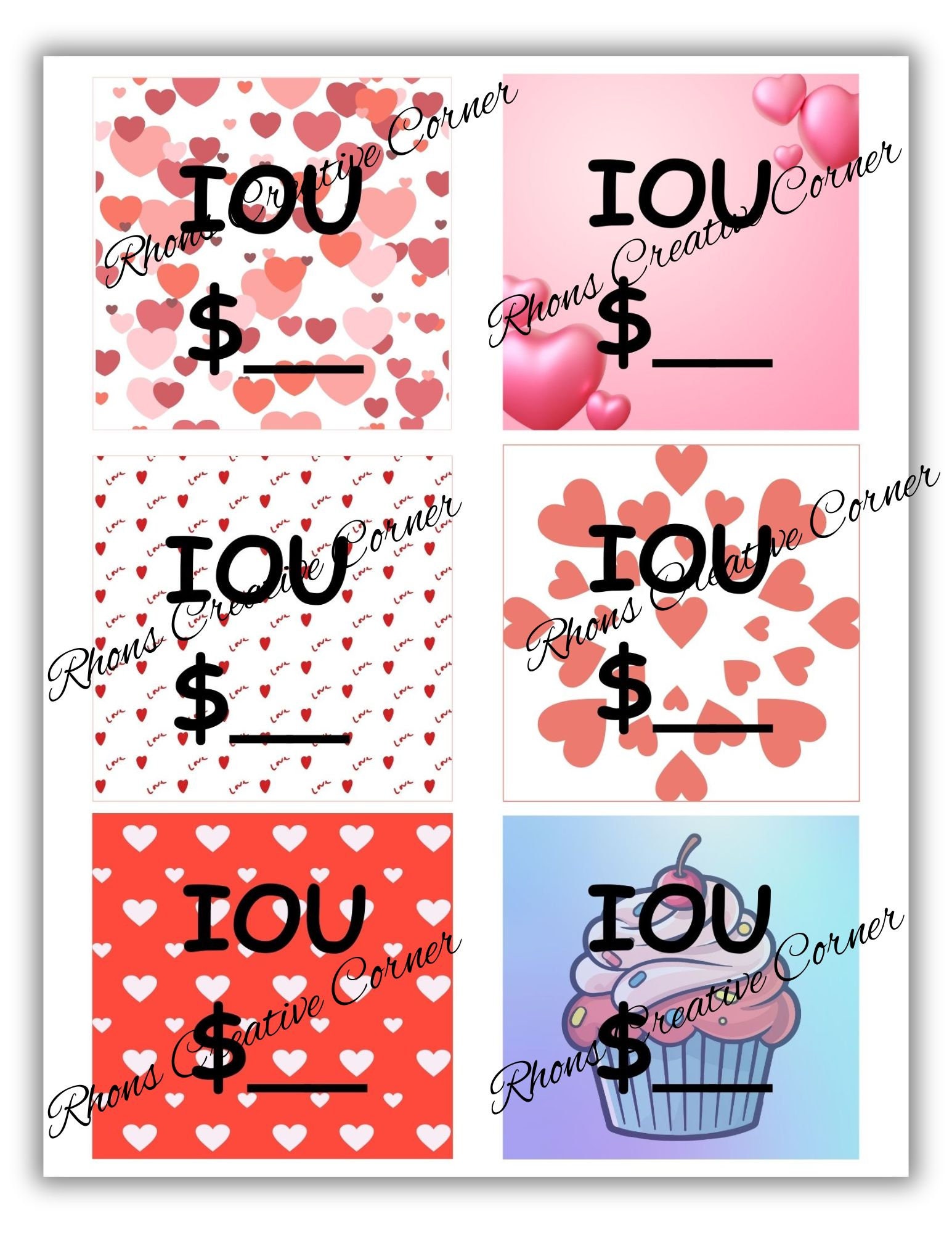 Valentines Day IOU Slips Cards Set of 6 Placeholders, Printable PDF ...