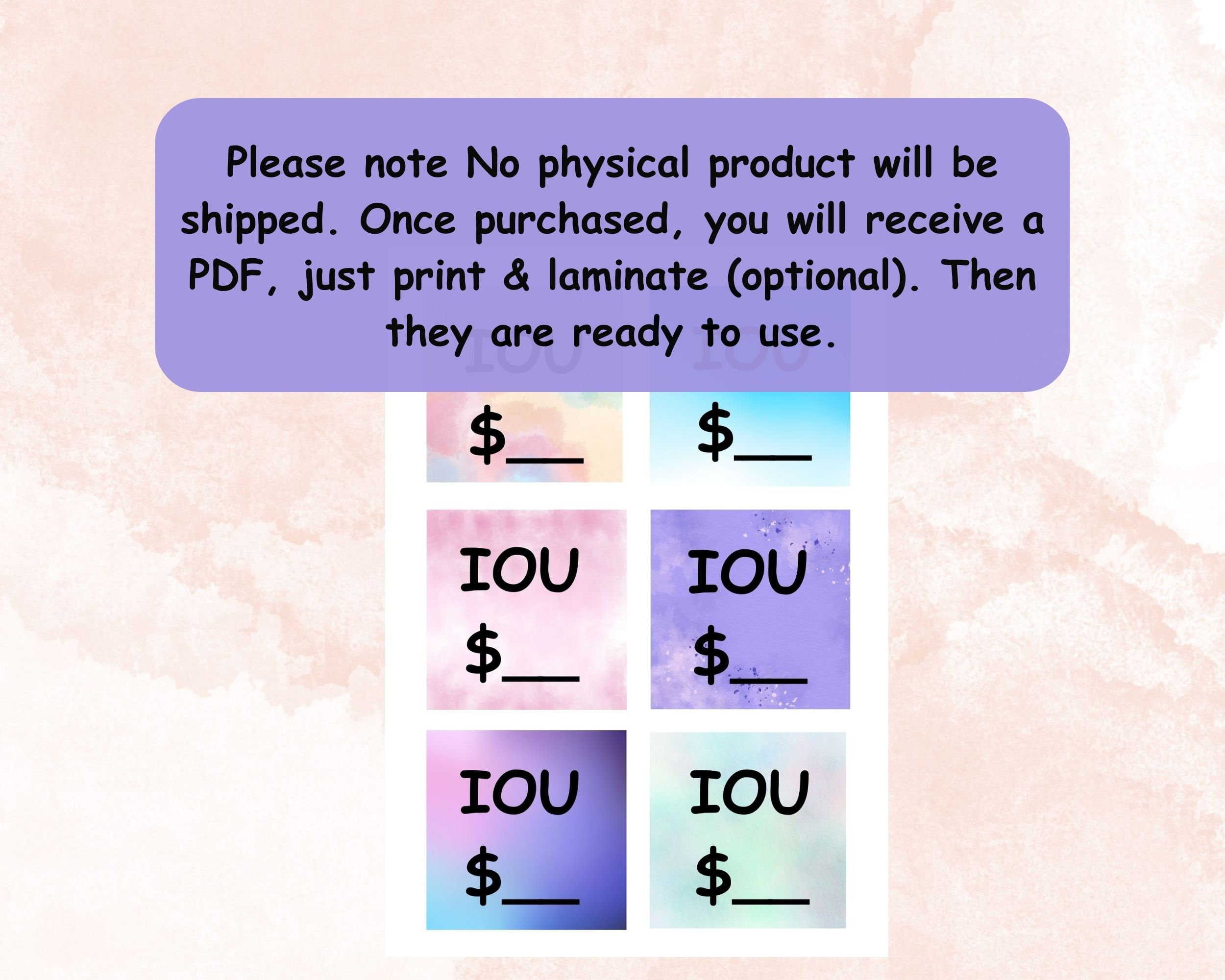 IOU Slips Cards Set of 6 Placeholders Printable PDF Savings - Etsy Canada
