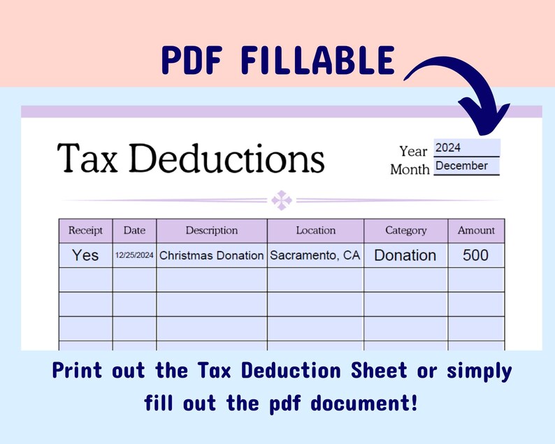 Printable Tax Deduction Tracker | Editable PDF Expense Log | Small ...