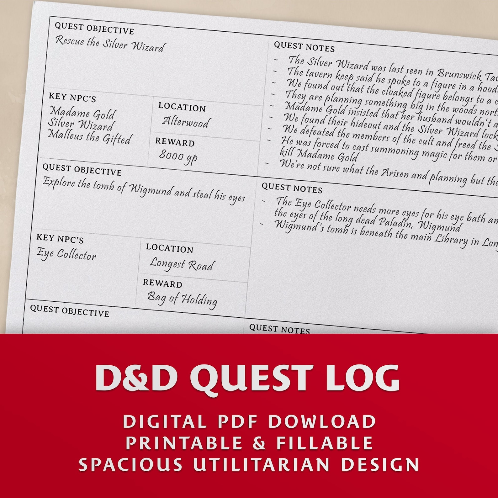 D&D Downloadable Quest Log/tracker | Tabletop RPG Quest Tracker ...