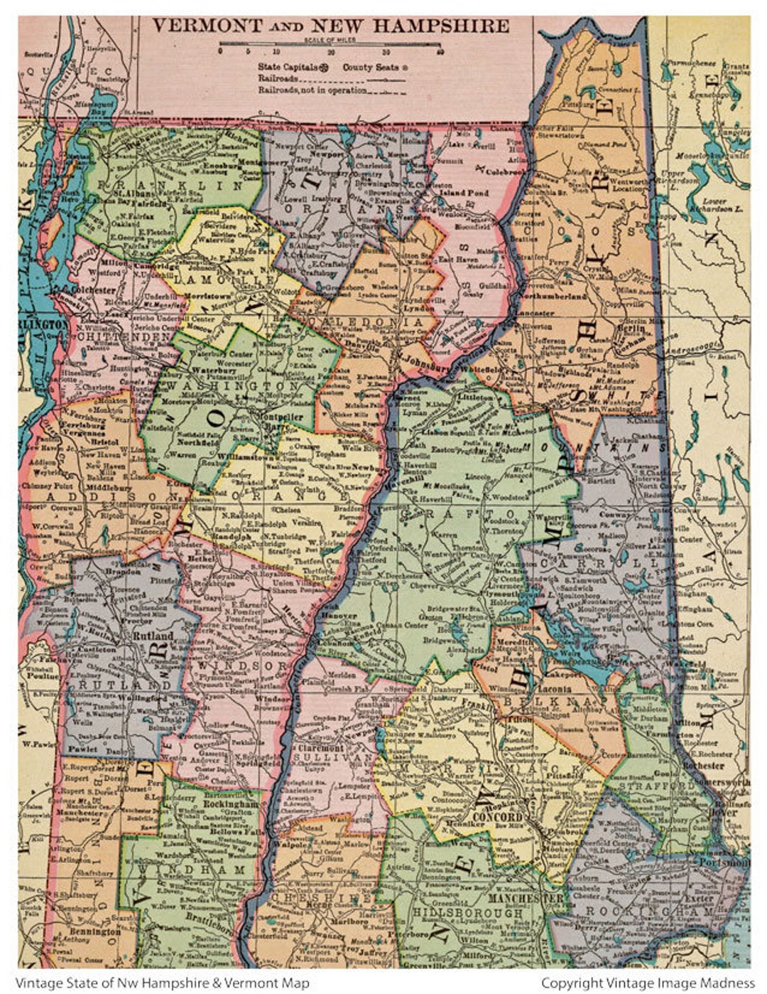 Vintage New Hampshire / Vermont Map Image - Instant Download Digital ...