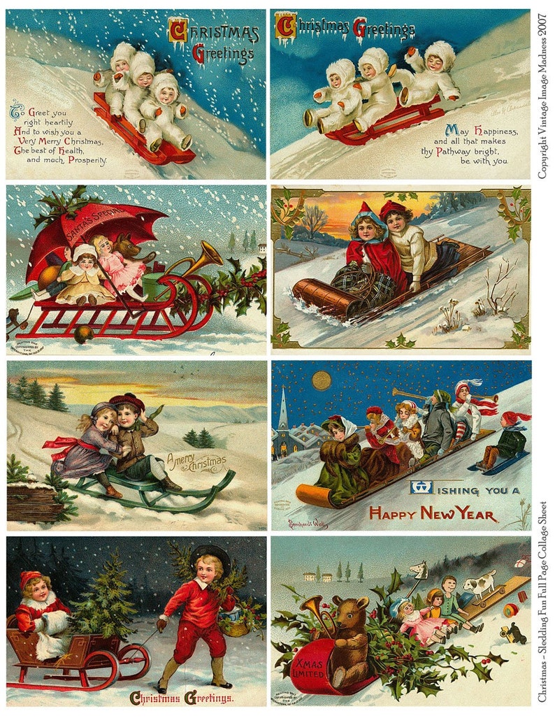 SLEDDING FUN Vintage Christmas Postcards - Downloadable Full Page ...