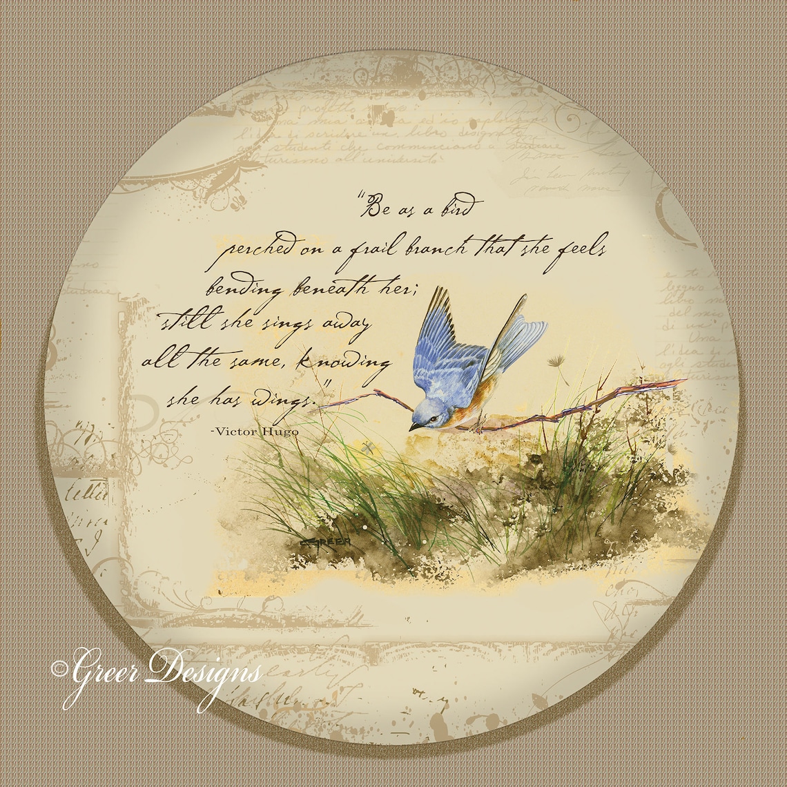 Bird on Branch Bluebird Victor Hugo Poem 10 Inch Original Art Plate ...