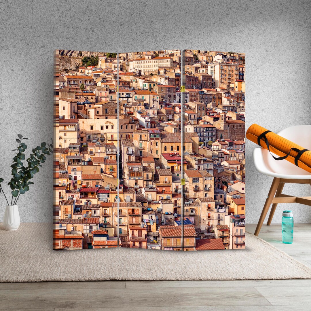 Mediterranean Cityscape Room Divider Rustic Rooftop Folding Screen for ...