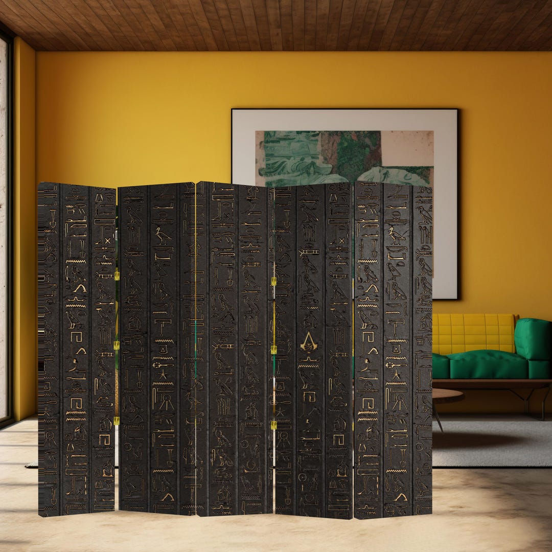 Egyptian Hieroglyphs Room Divider – Black Canvas Folding Screen ...