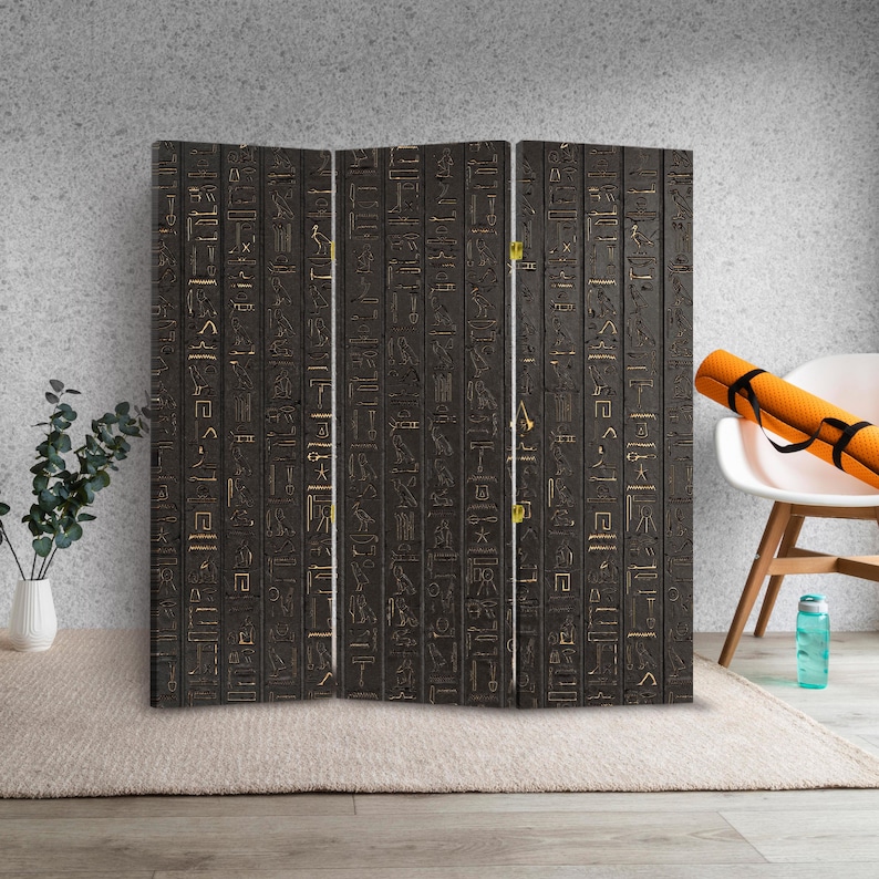 Egyptian Hieroglyphs Room Divider – Black Canvas Folding Screen ...