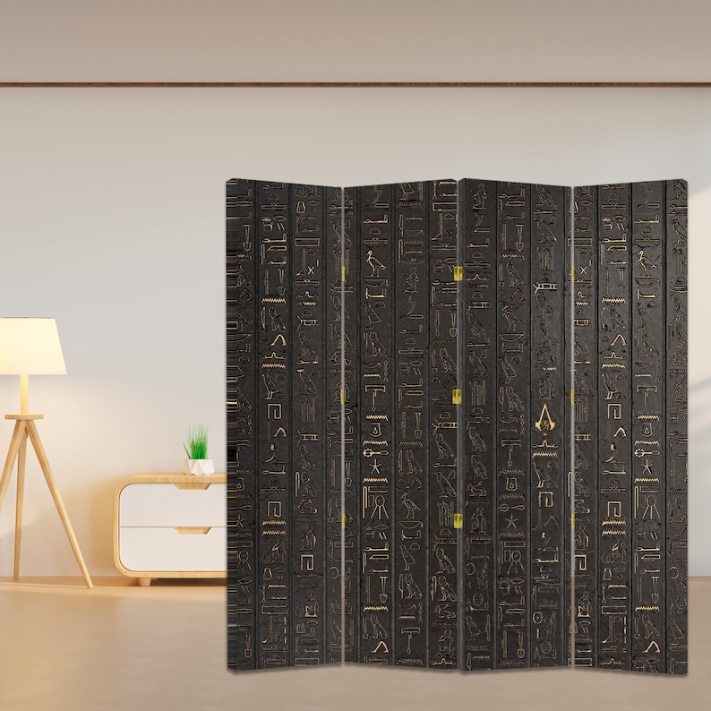 Egyptian Hieroglyphs Room Divider – Black Canvas Folding Screen ...