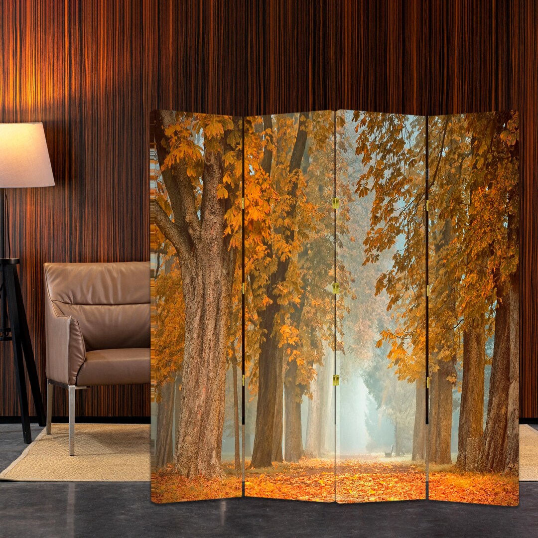 Autumn Forest Path Room Divider – Fall Landscape Folding Screen, Warm ...