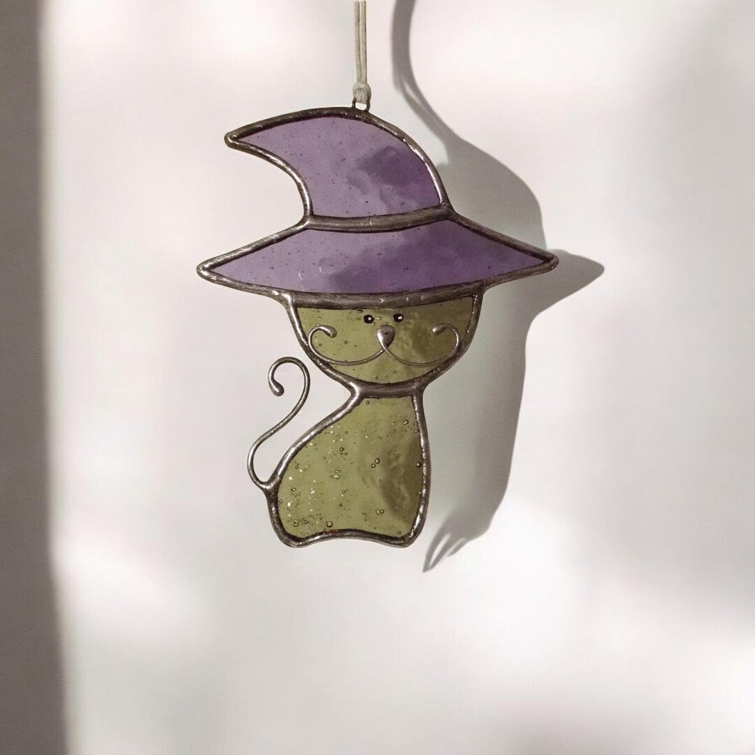 Wizard Cat Stained Glass Suncatcher Halloween Outdoor Decor Wizard Hat ...