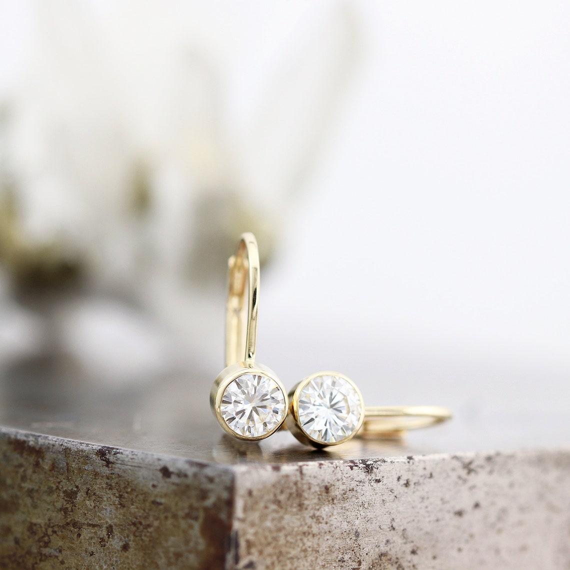 14k Yellow Gold Lever Back Earrings With Moissanite Small | Etsy