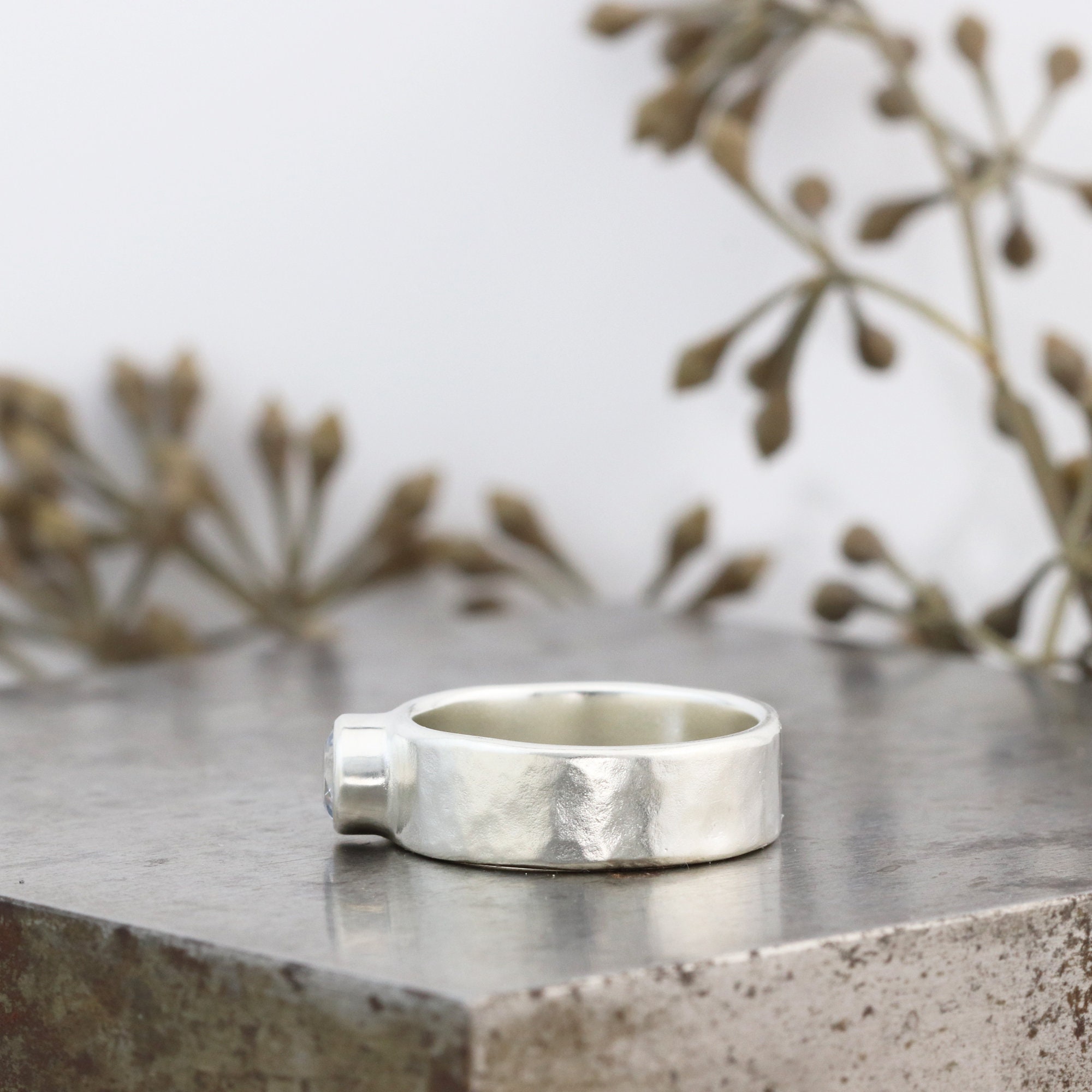 Wide Hammered Sterling Silver Ring With White Sapphire - Artifact Ring ...