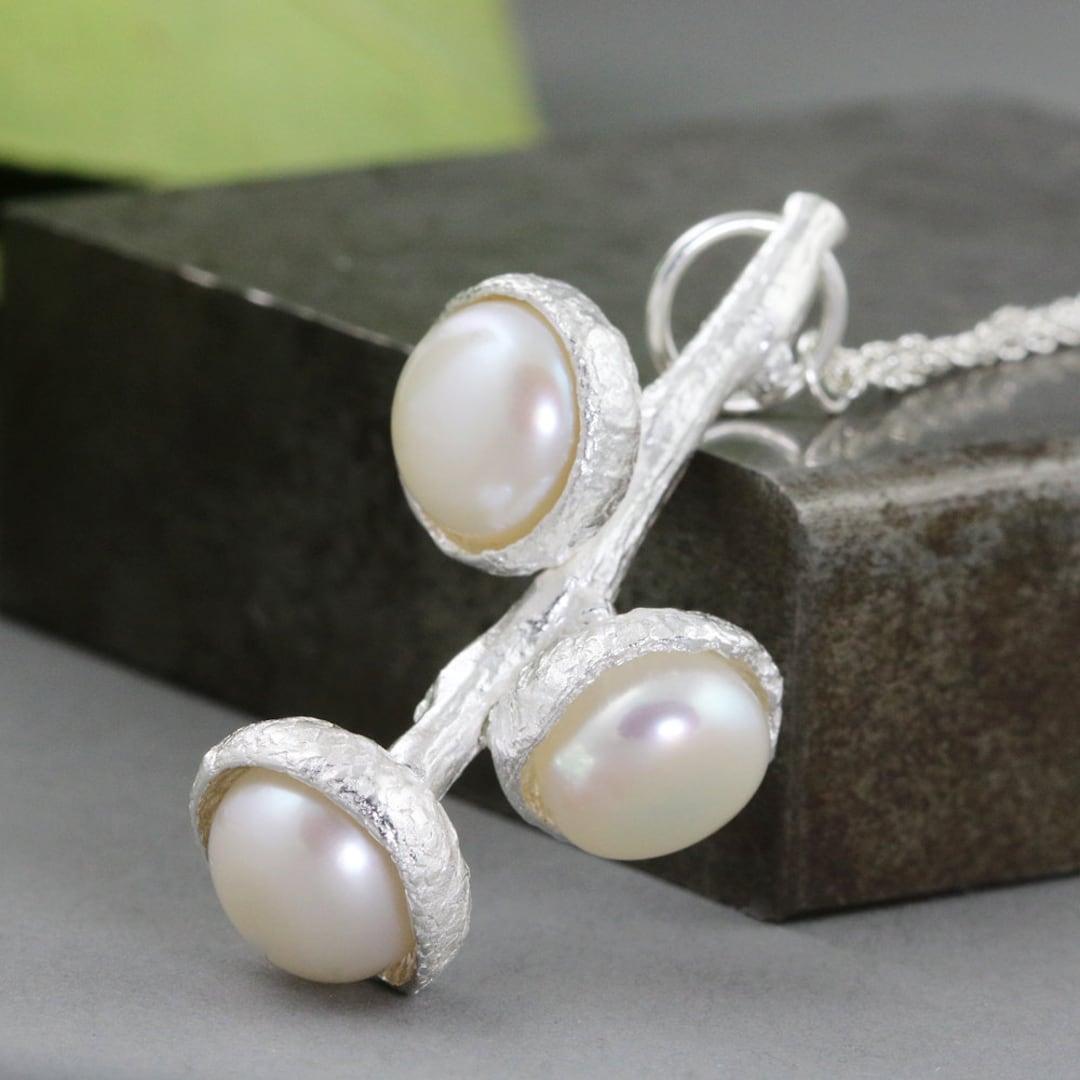 Sterling Silver Three Pearl Acorn Branch Necklace - Organic Twig ...