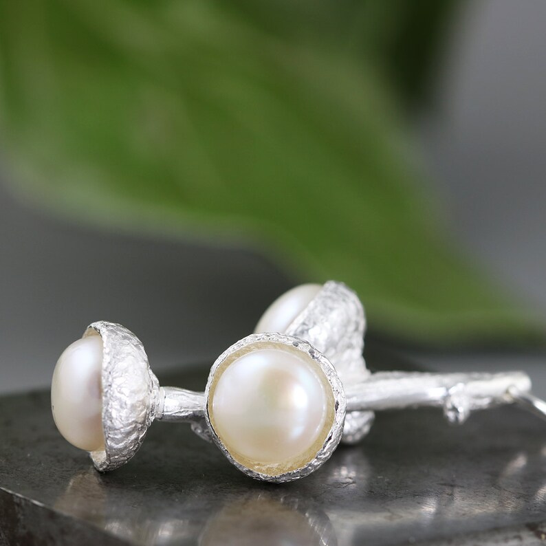 Sterling Silver Three Pearl Acorn Branch Necklace - Organic Twig ...