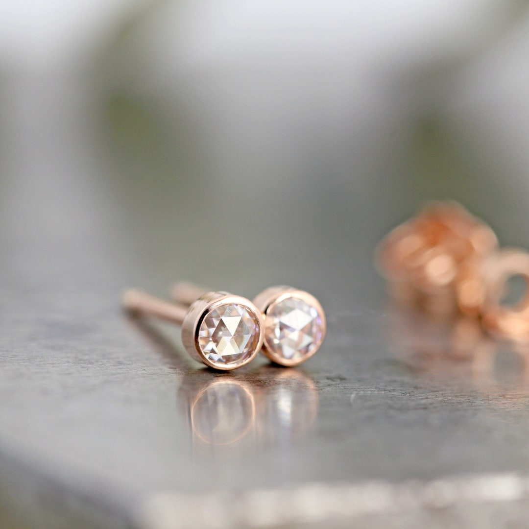 Tiny 14k Rose Gold Moissanite Stud Earrings - Pair of Small Everyday Studs With Rose Cut ...