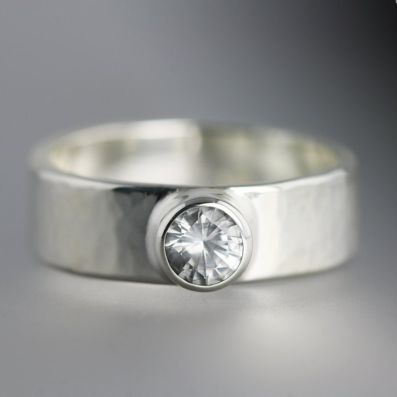 Wide Hammered Sterling Silver Ring With White Sapphire - Etsy