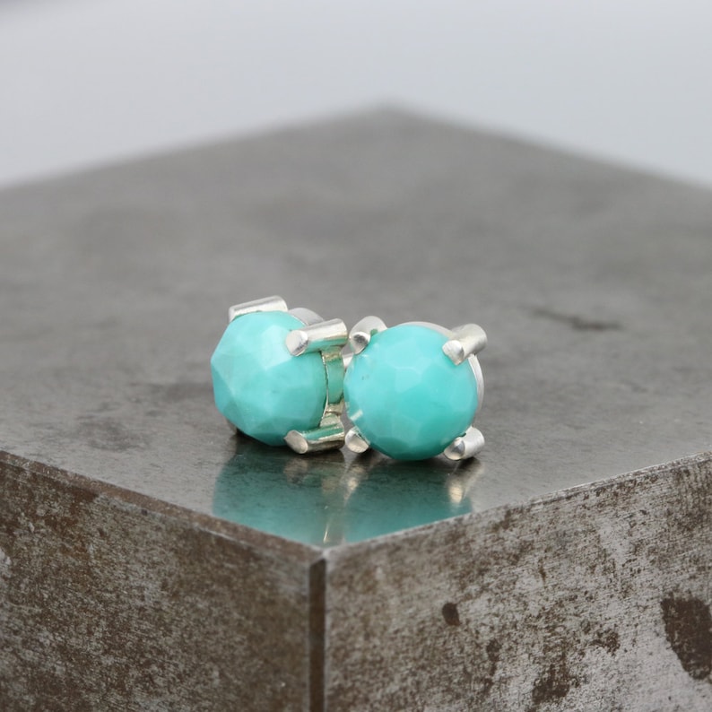 Rose Cut Turquoise Stud Earrings in Sterling Silver - Small 6mm Natural ...