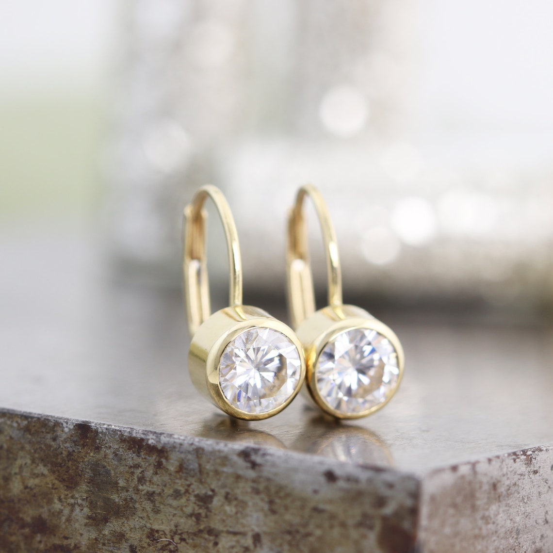 14k Yellow Gold Lever Back Clip Earrings With Bezel Set Large 6mm White ...