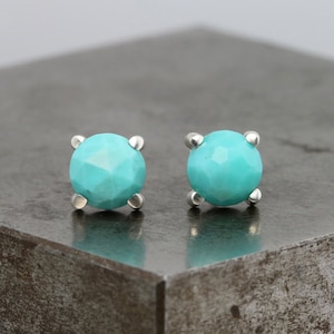 Rose Cut Turquoise Stud Earrings in Sterling Silver - Small 6mm Natural ...
