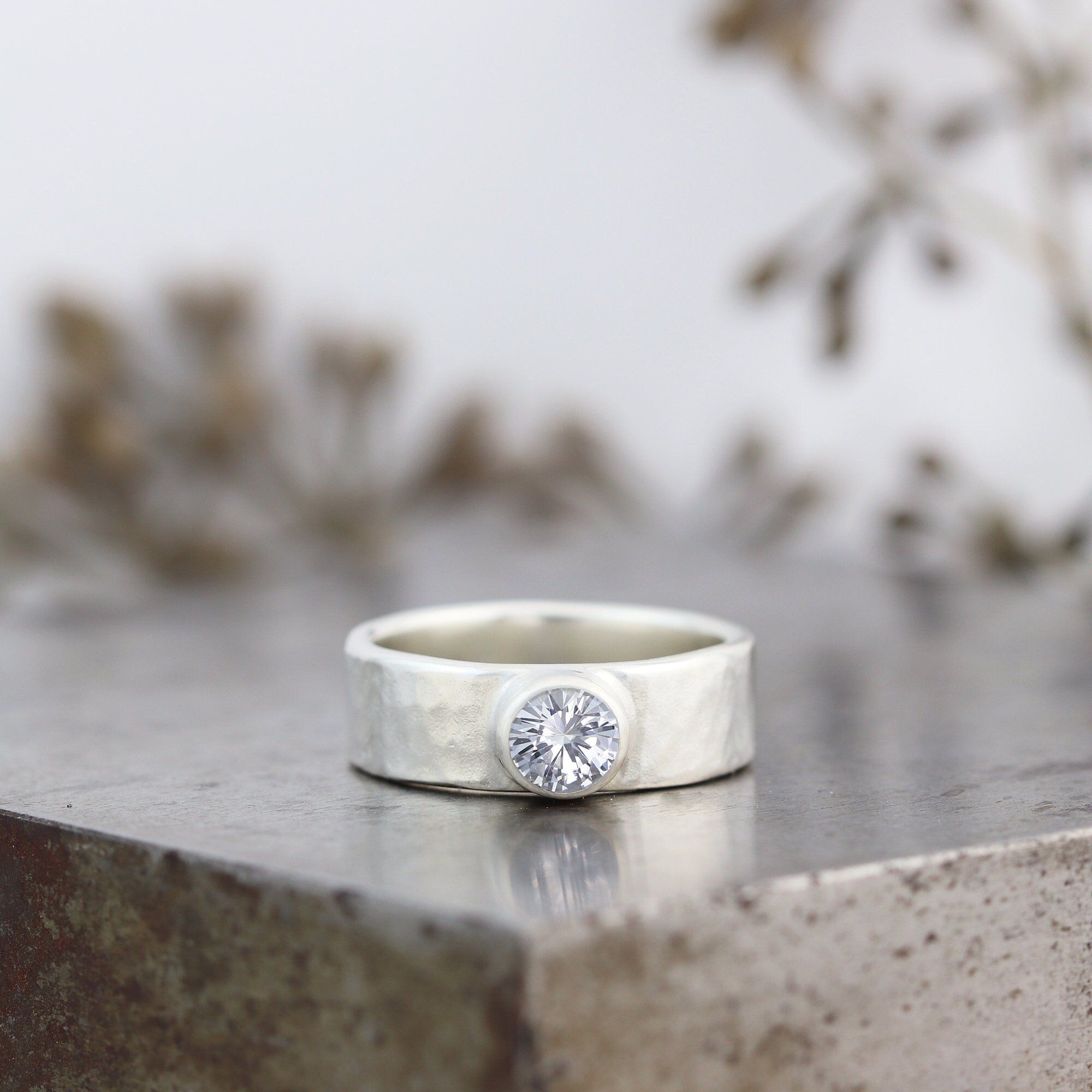 Wide Hammered Sterling Silver Ring With White Sapphire - Artifact Ring ...