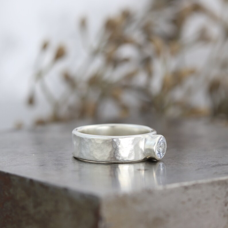 Wide Hammered Sterling Silver Ring With White Sapphire - Etsy