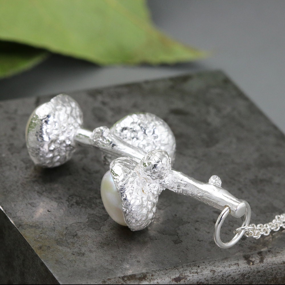 Sterling Silver Three Pearl Acorn Branch Necklace - Organic Twig ...