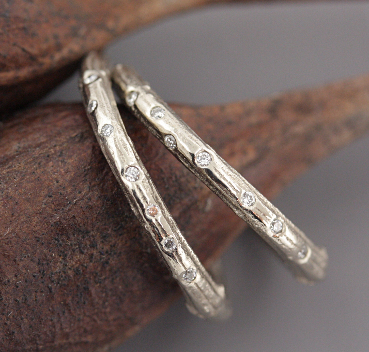 White Gold Twig Hoop Earrings with Tiny White Diamonds | Etsy