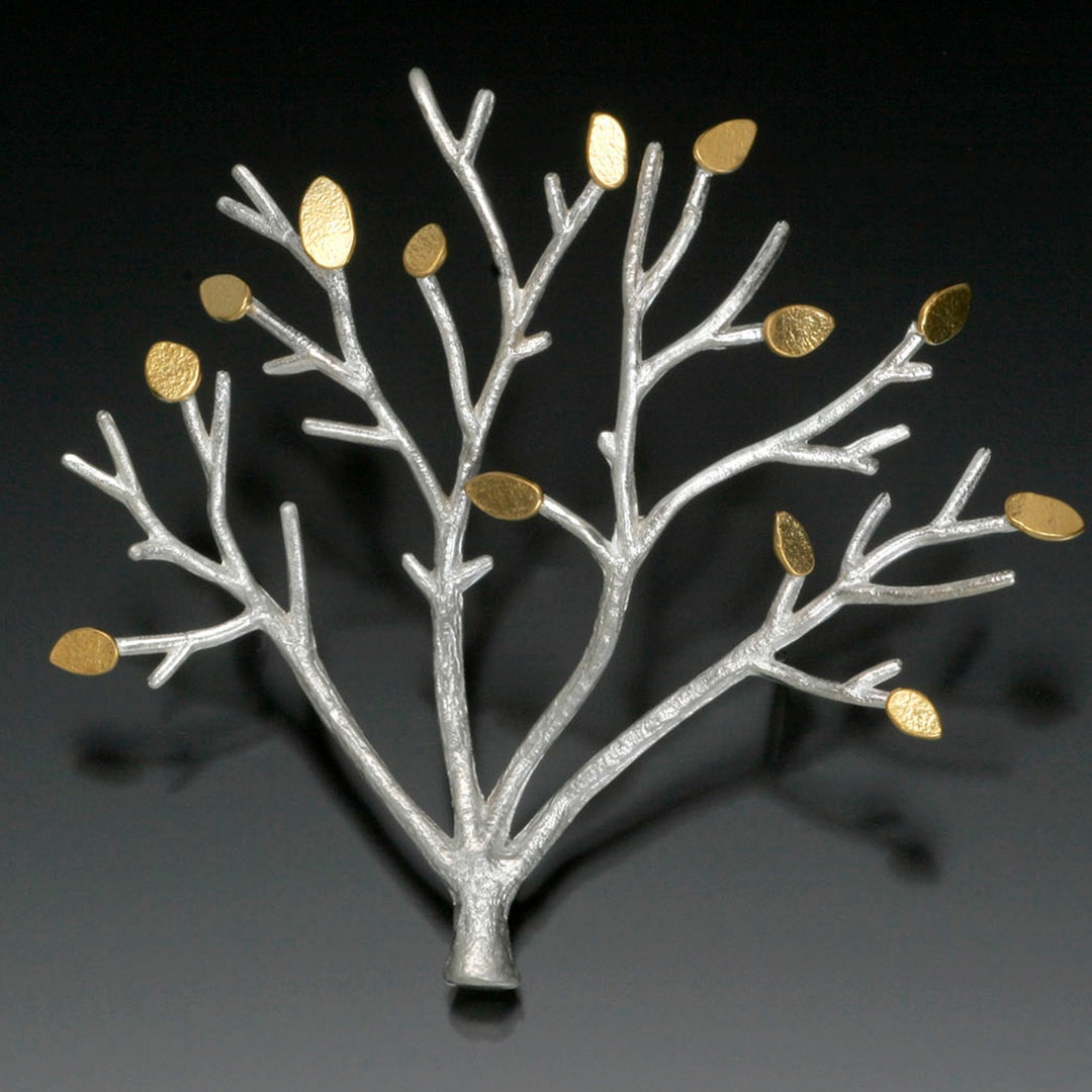 Sterling Silver Tree Brooch With 24 Karat Leaves - Natural Art Jewelry ...