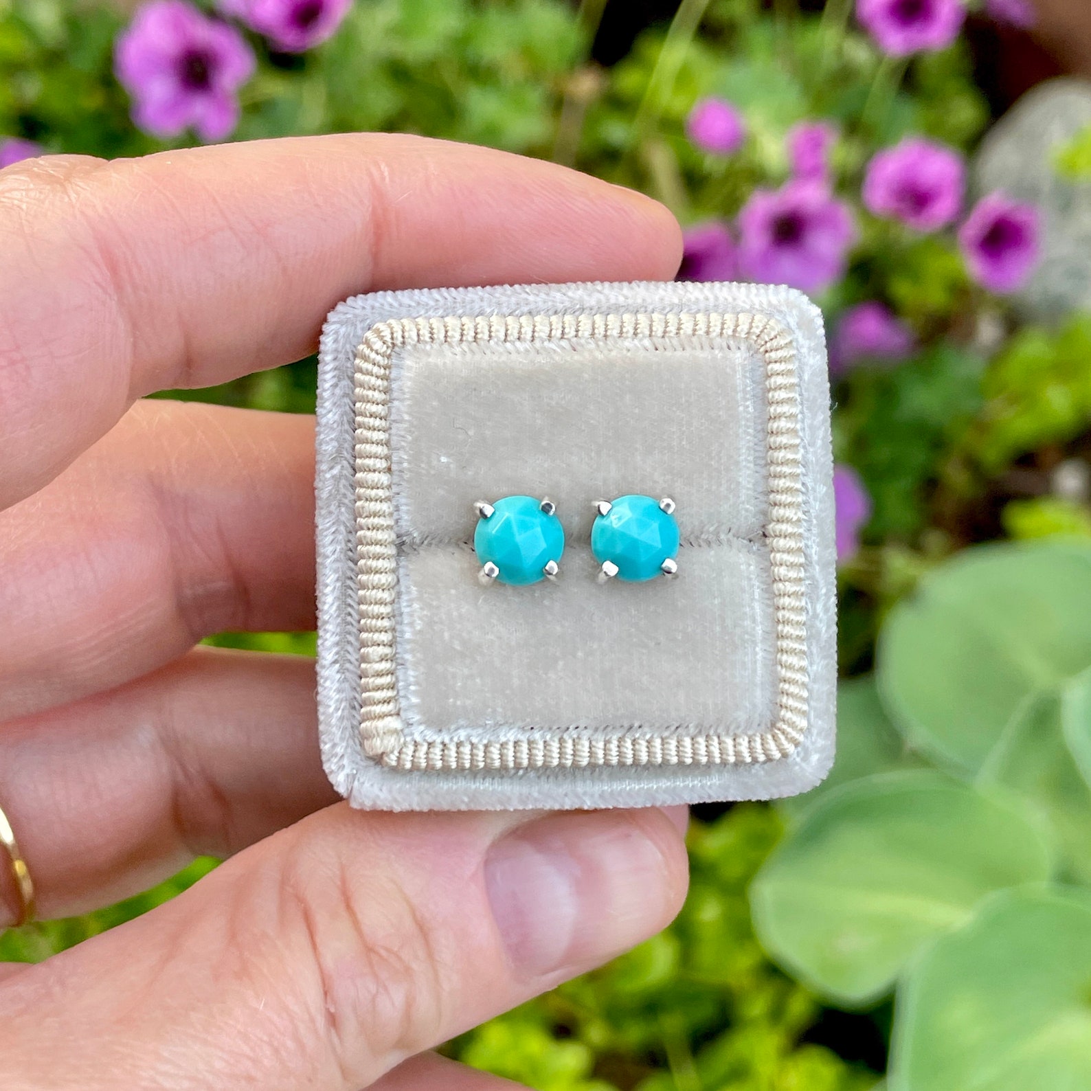 Rose Cut Turquoise Stud Earrings in Sterling Silver - Small 6mm Natural ...