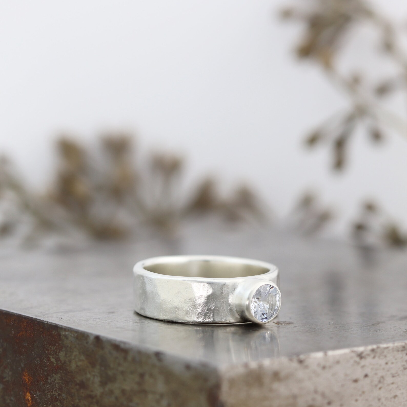 Wide Hammered Sterling Silver Ring With White Sapphire Artifact Ring ...