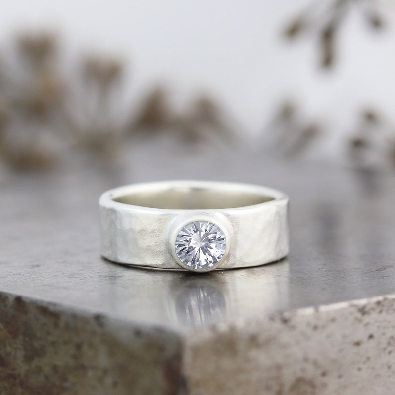 Wide Hammered Sterling Silver Ring With White Sapphire - Etsy