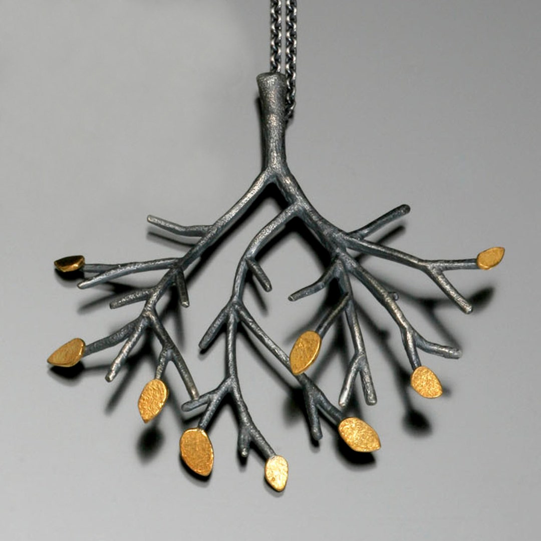 Blackened Sterling Silver Tree Pendant With 24 Karat Gold Leaves Mixed ...