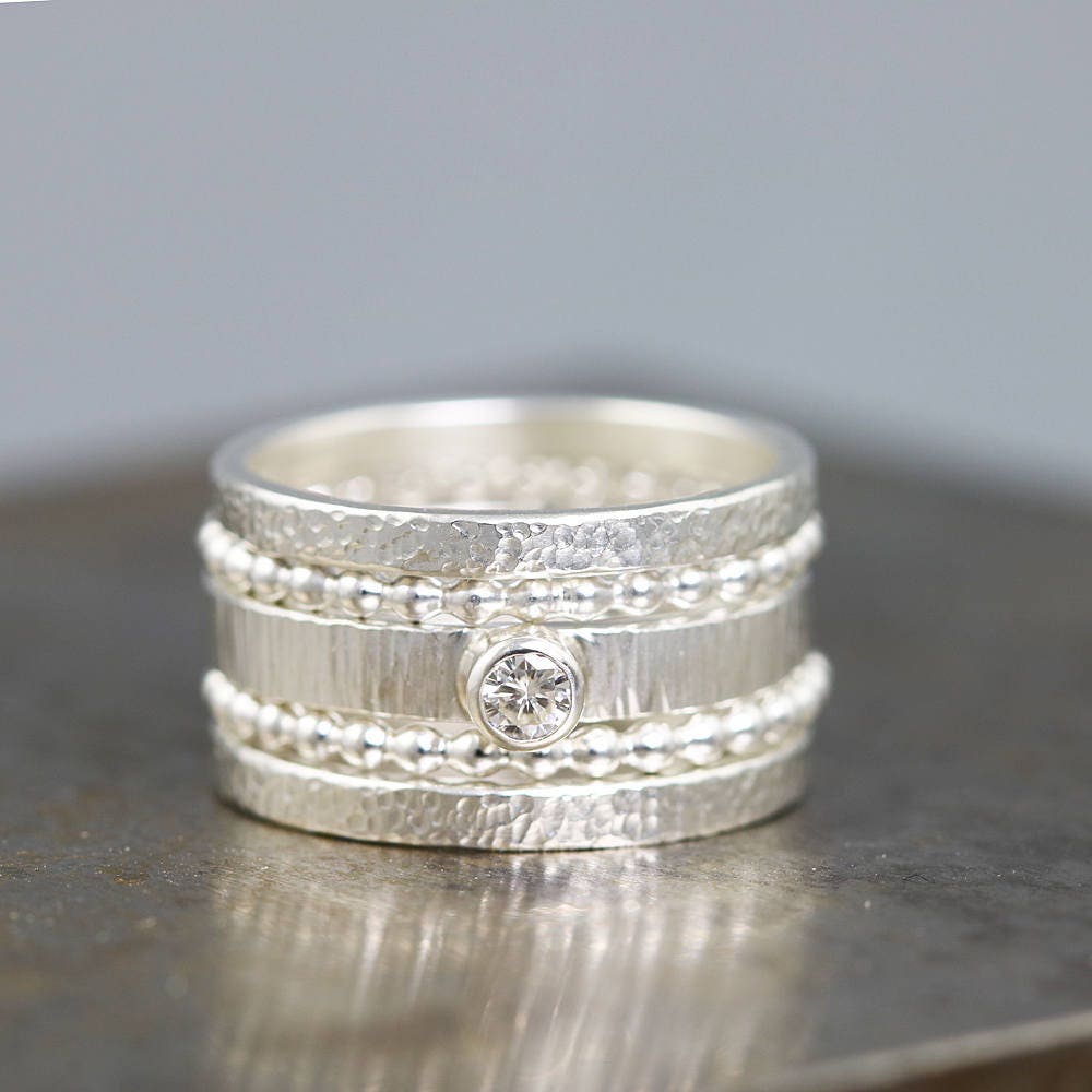 Sterling Silver Stacking Rings with Moissanite Five Ring | Etsy