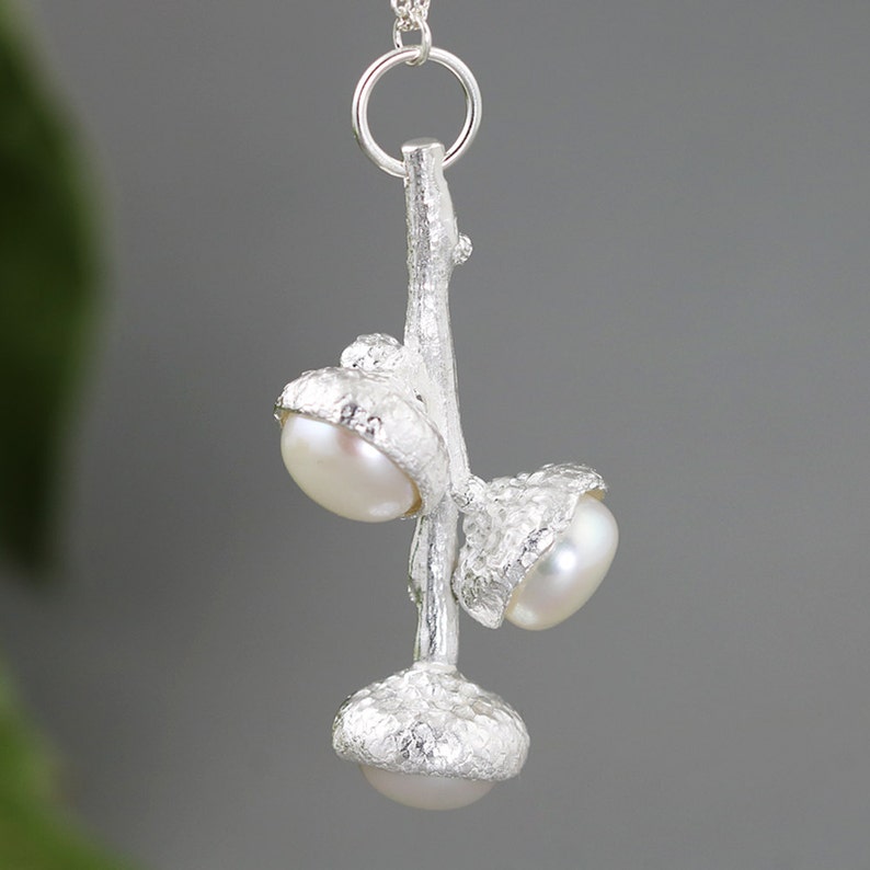 Sterling Silver Three Pearl Acorn Branch Necklace - Organic Twig ...