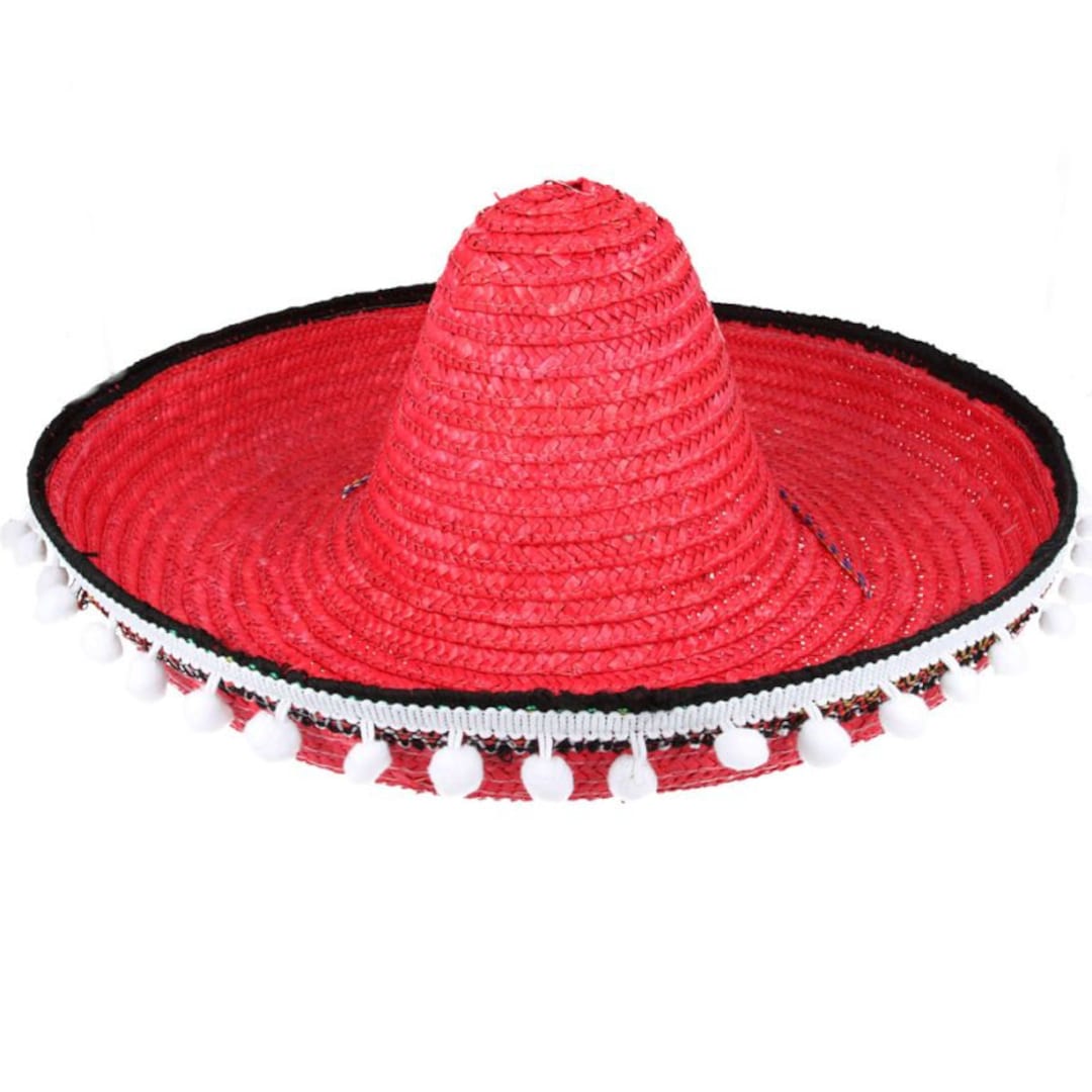 Mexican Sombrero Pom Poms Wild Western Straw Hat Red - Etsy