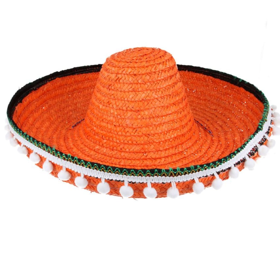 Mexican Sombrero Pom Poms Wild Western Straw Hat Orange - Etsy
