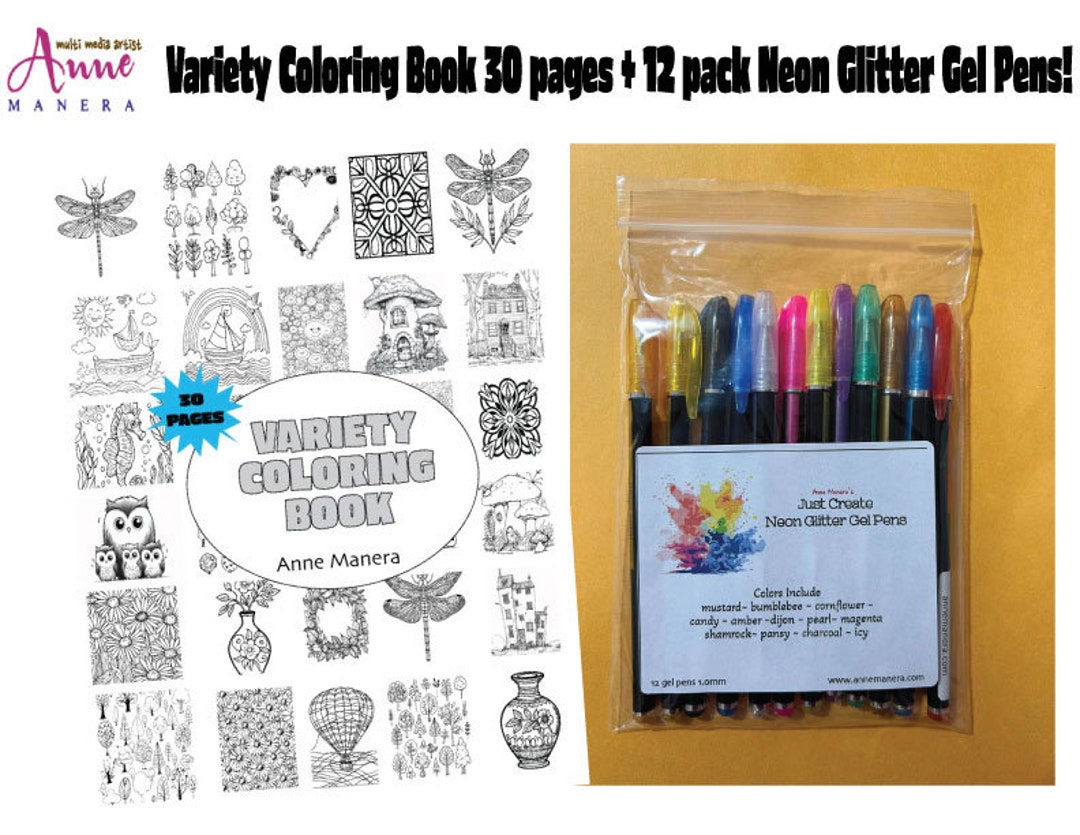 Variety Coloring Book 30 Pages 12 Pack Neon Glitter Gel Pens - Etsy