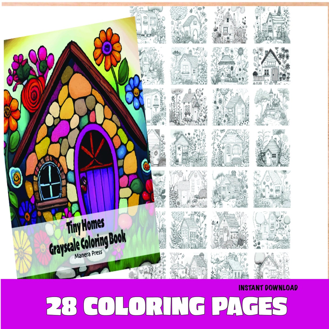 Tiny Homes Grayscale Coloring 28 Pages Pdfinstant Download - Etsy