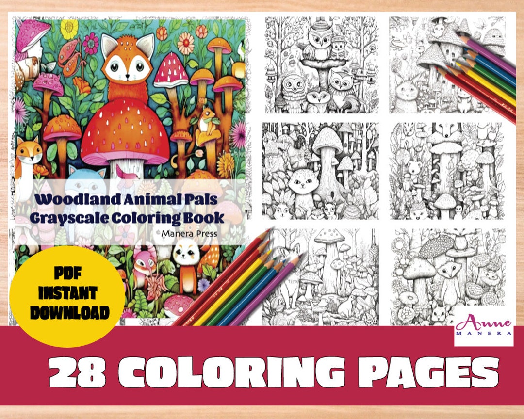 Woodland Animals Pals Grayscale Coloring Book 28 Pages PDF - Etsy