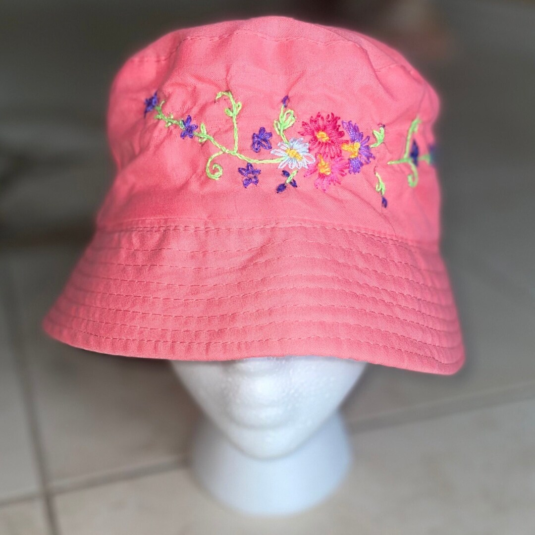 Hand Embroidered Bucket Hat Womens Pink Cap Handmade Embroidery