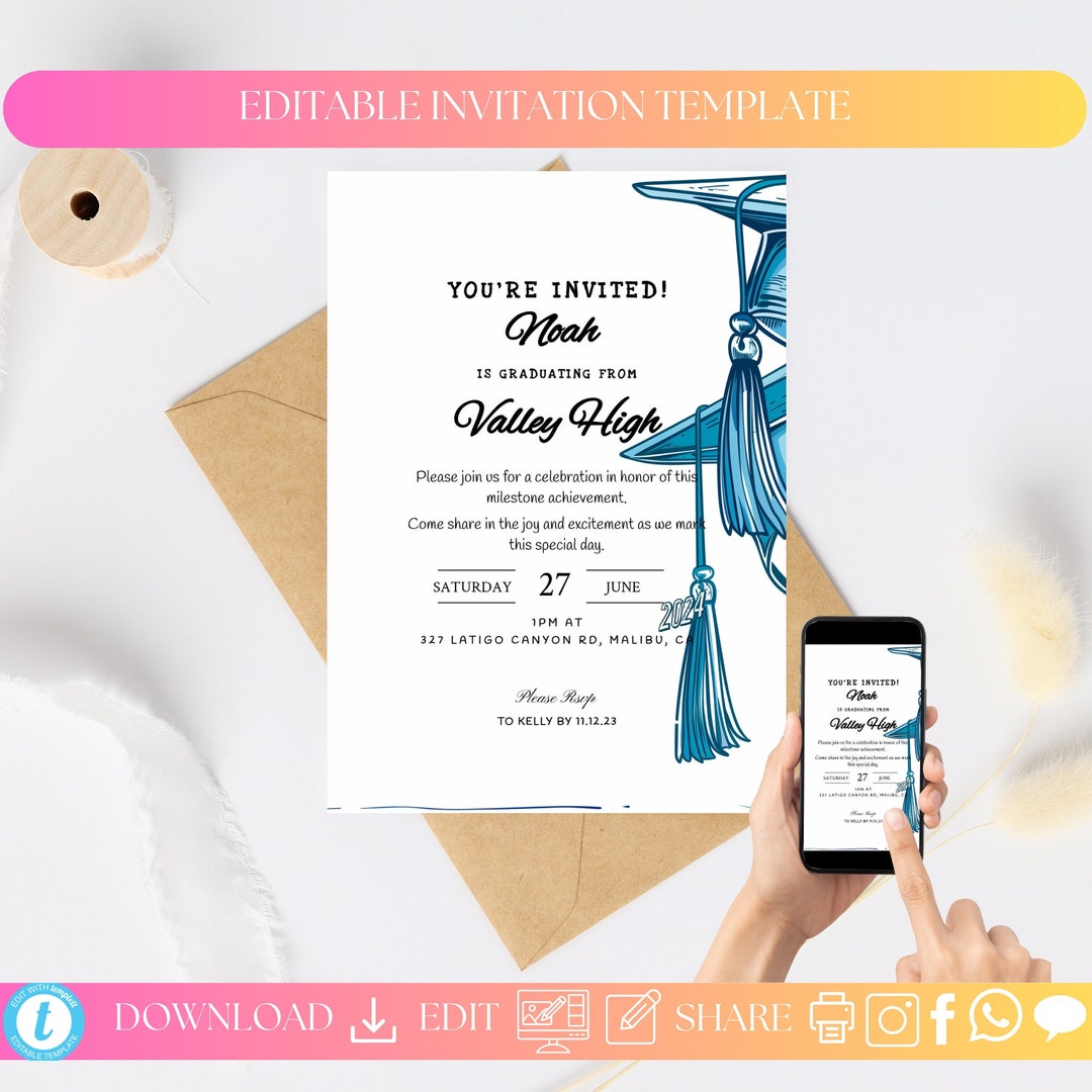 Graduation Cap and Tassel Invitation Template, High School Graduation ...