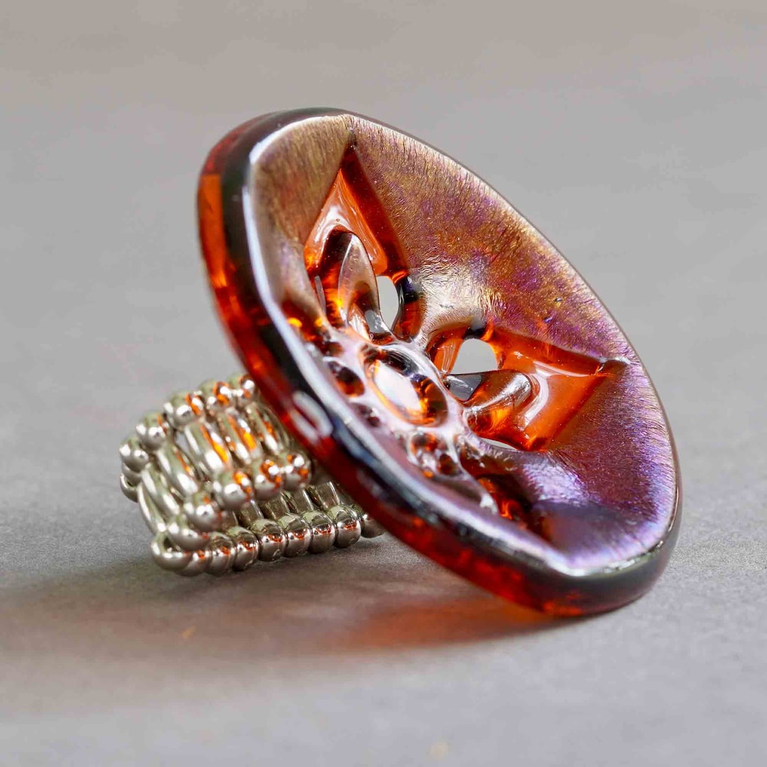 Fused Glass Cocktail Ring: Handmade Iridescent Orange Adjustable Shank ...