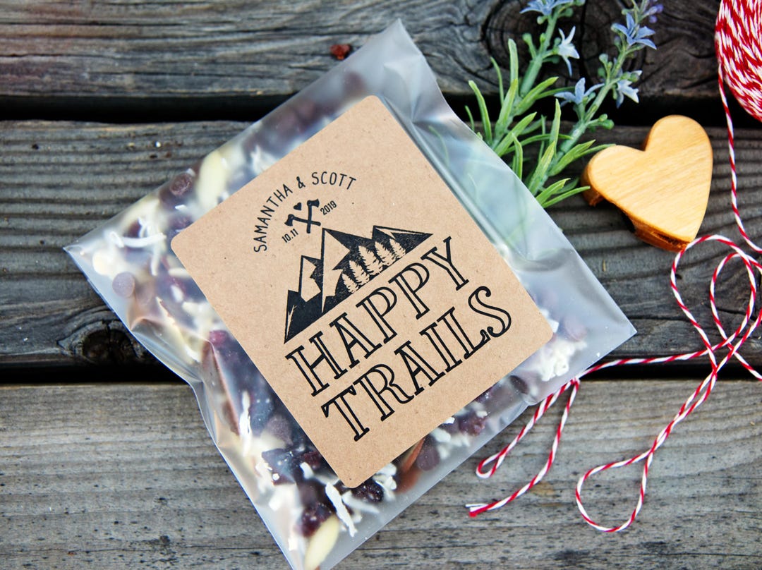 Happy Trails Wedding Favor Stickers - DIY Trail Mix Favors - 24 Large ...