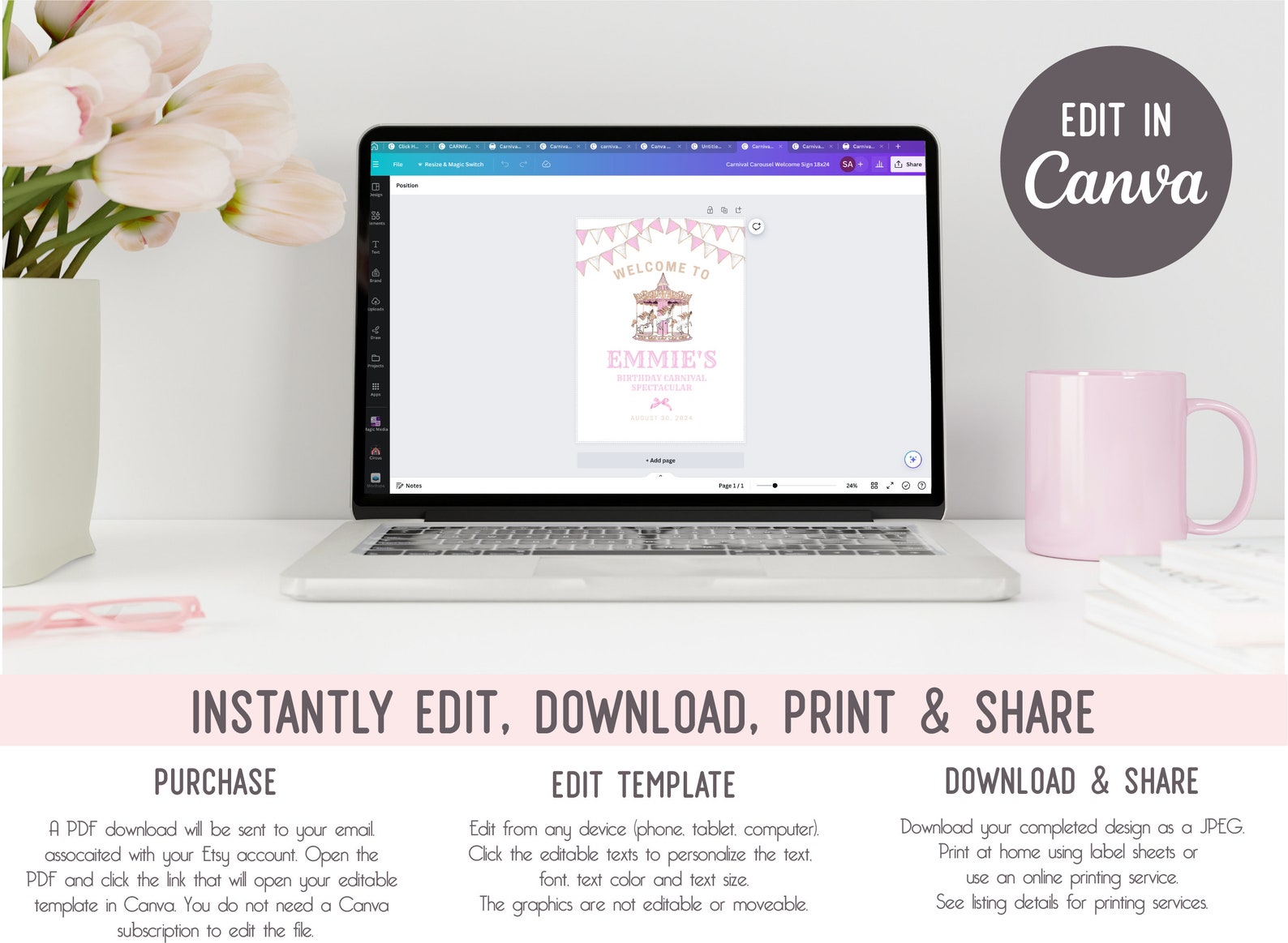 Editable Carnival Carousel Welcome Sign, Carnival Carousel Sign, Pink ...