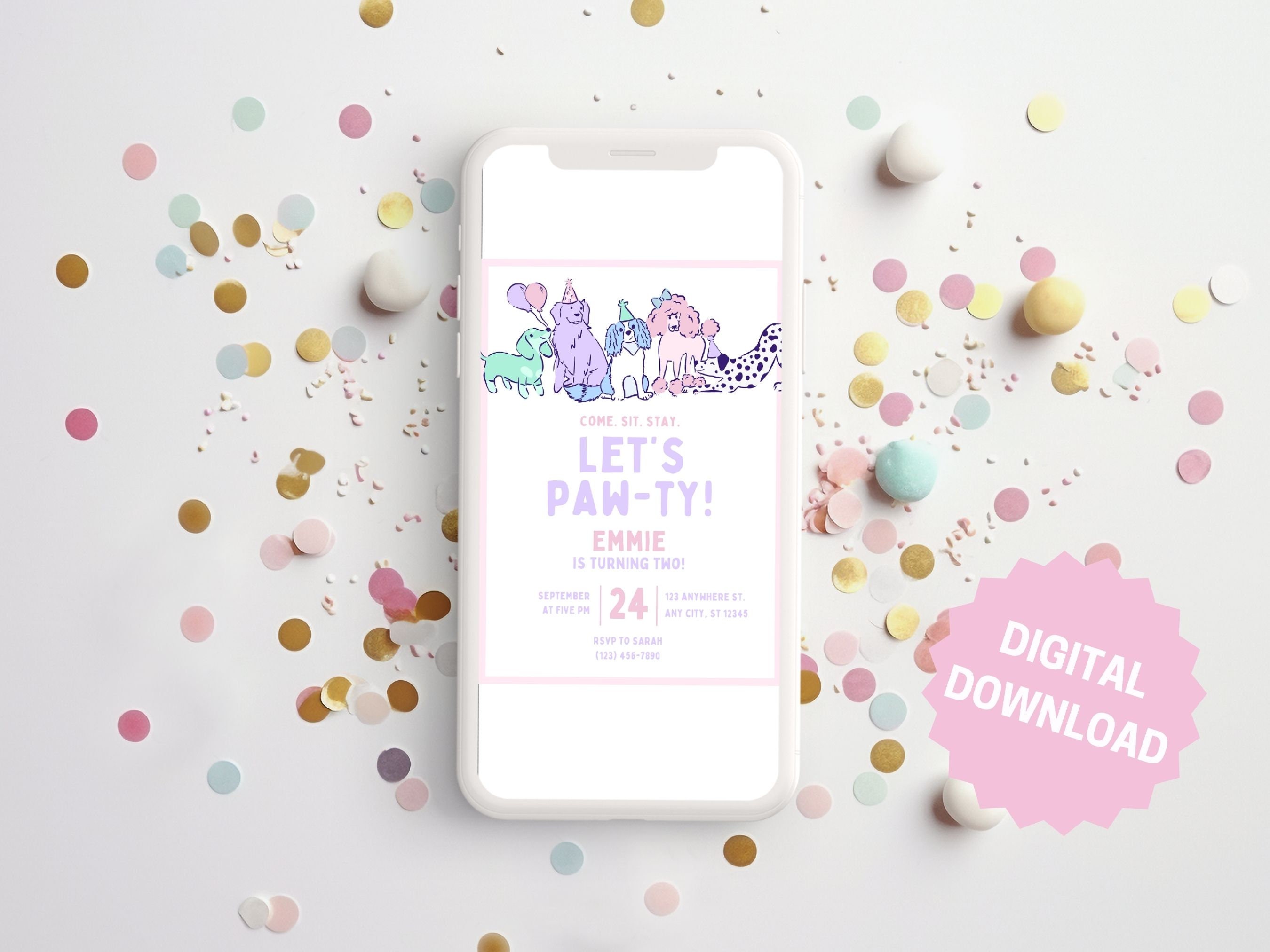 Puppy Pawty Birthday Invitation Let's Pawty Birthday Invite Girls Puppy ...