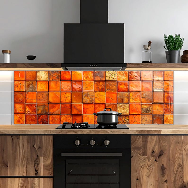 Pyramid Cube Orange Kitchen Backsplash – Tempered Glass Wall Panel With ...
