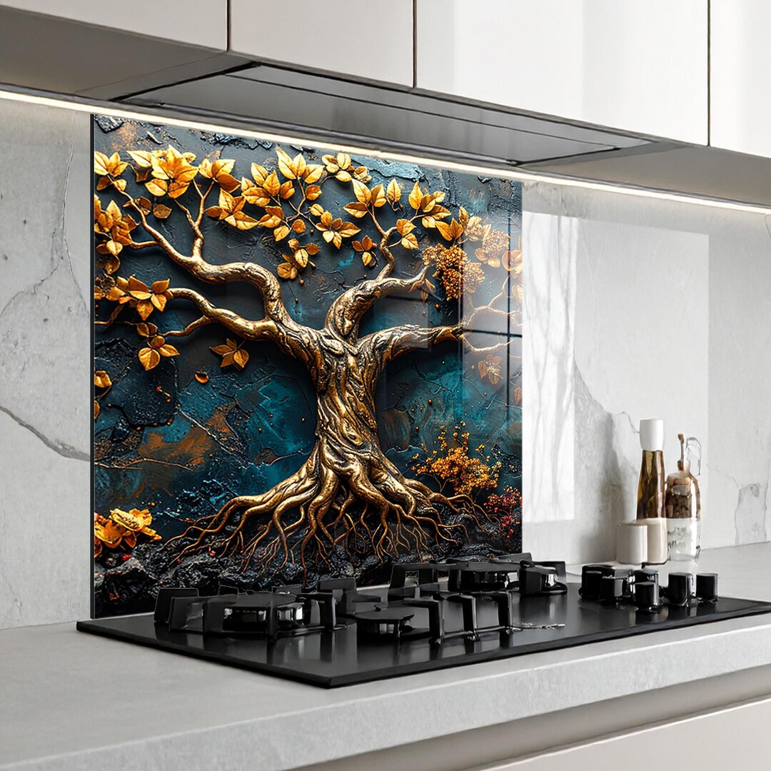 Golden Tree of Life Kitchen Backsplash – Luxury Tempered Glass Wall Art ...