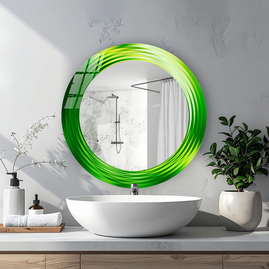 Neon Bright Green Round Mirror Wall Decor With Tempered Glass and ...