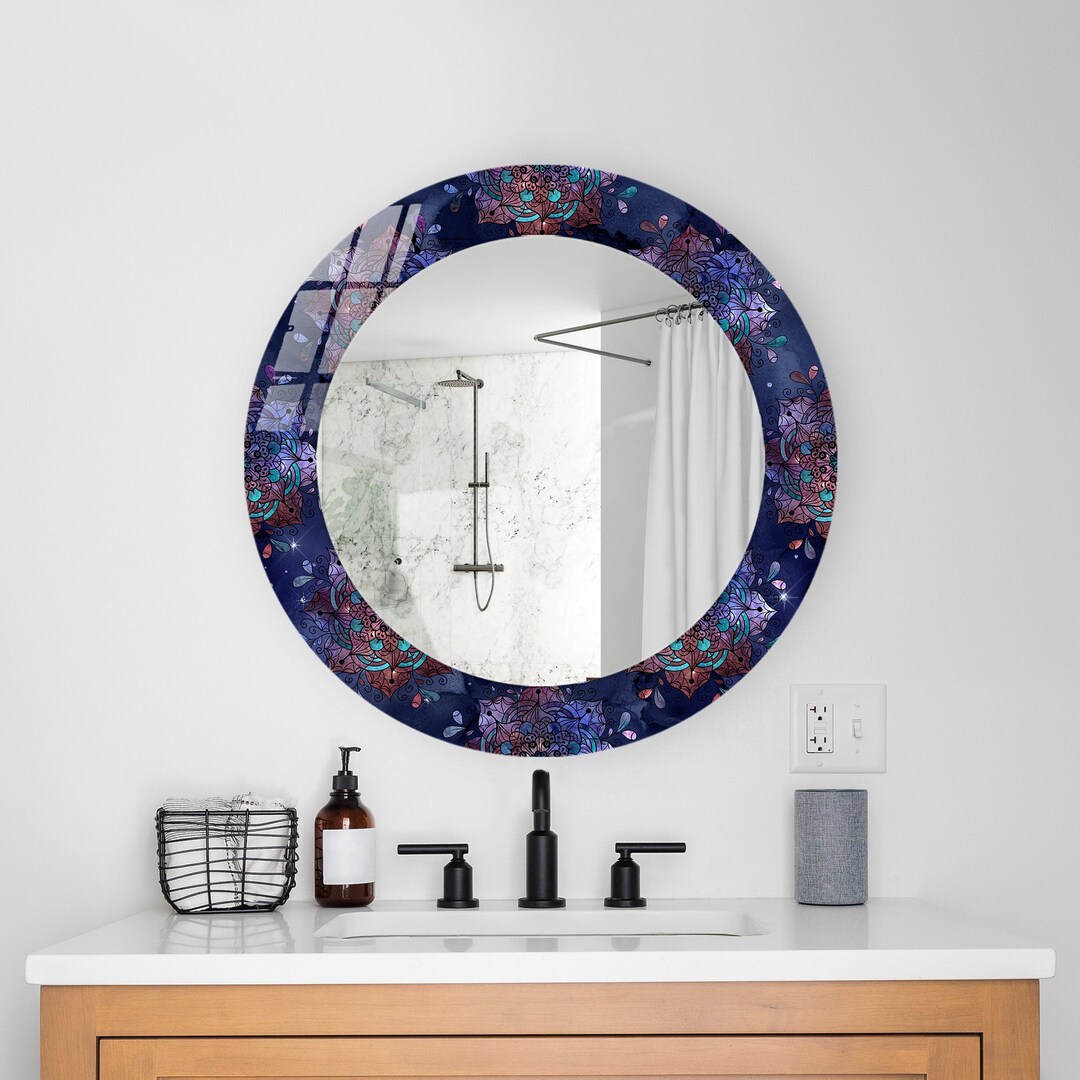 Navy Blue Mirror, Colorful Abstract Mandala Pattern Mirror, Art Printed ...