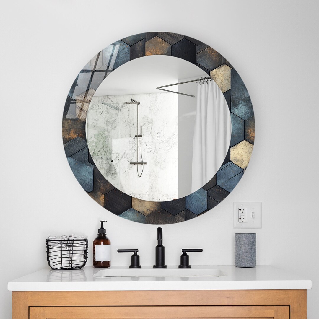 Round Mirror Wall Decor, Mirror Glass Decor, Stone Theme Wall Art, Home ...